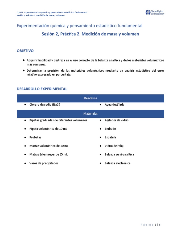 Práctica 2 - Medición de Masa y Volumen | PDF | Medición | Balanza