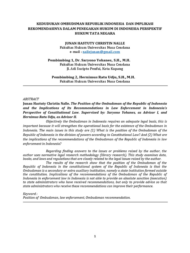 Jurnal Kedudukan Ombudsman Republik Indonesia Dan Implikasi ... Jurnal Kedudukan Ombudsman Republik Indonesia Dan Implikasi ...