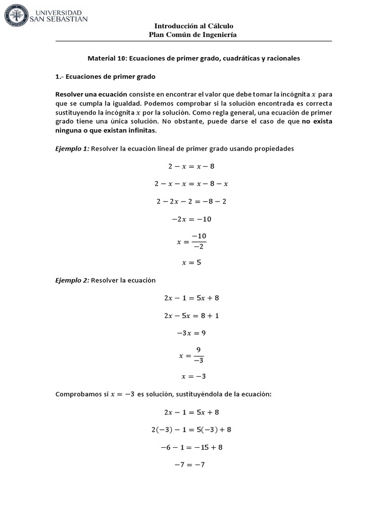 Material 10 - Ecua. de Primer Grado, Cuadráticas y Racionales | PDF ...