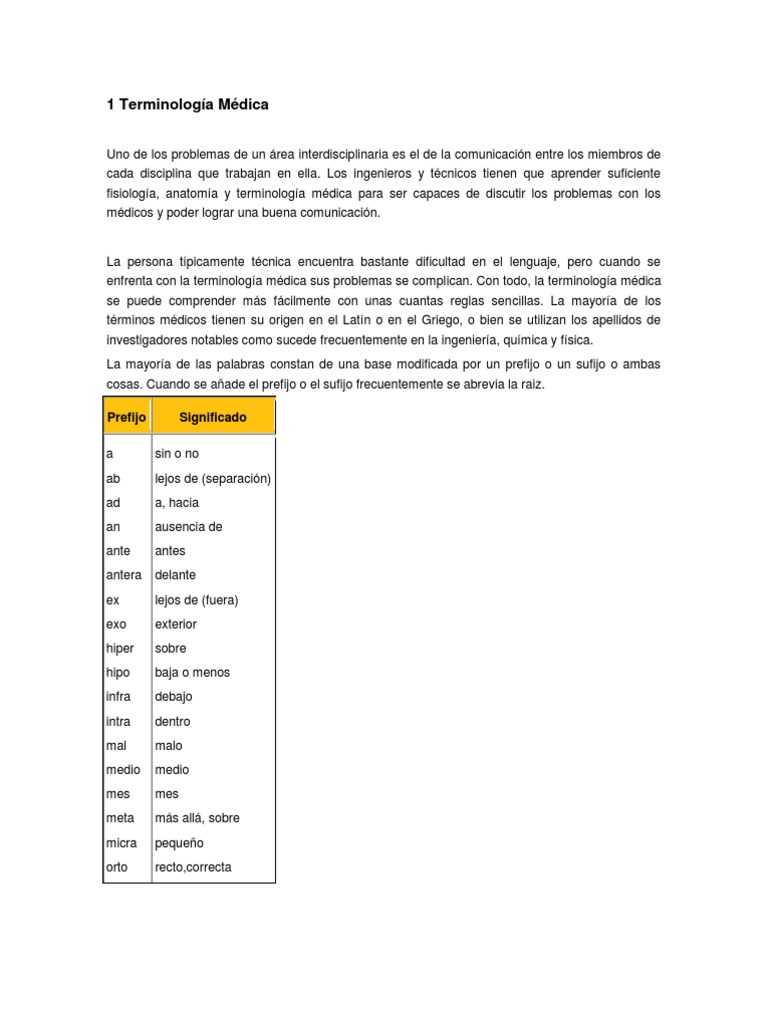 Terminología Médica: Prefijos y Raíces | PDF | Términos anatómicos de ...