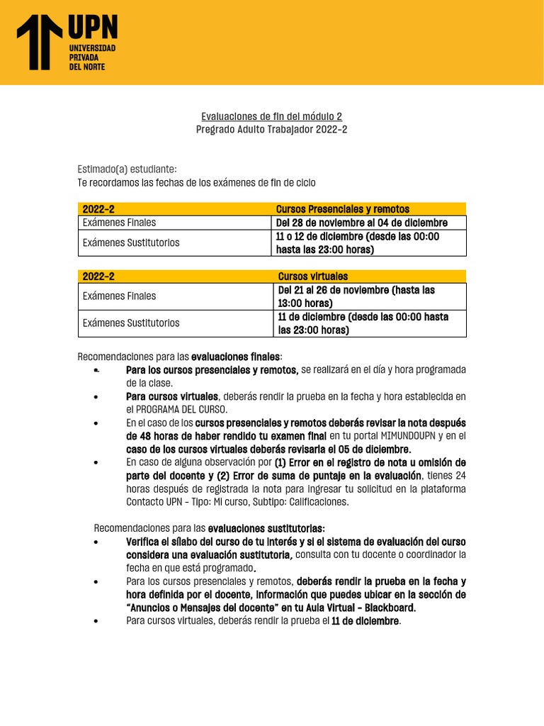 Fechas y Recomendaciones de Exámenes UPN 2022-2 | PDF | Crecimiento personal y profesional