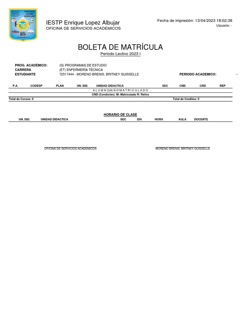 Boleta de Matrícula: IESTP Enrique Lopez Albujar | PDF