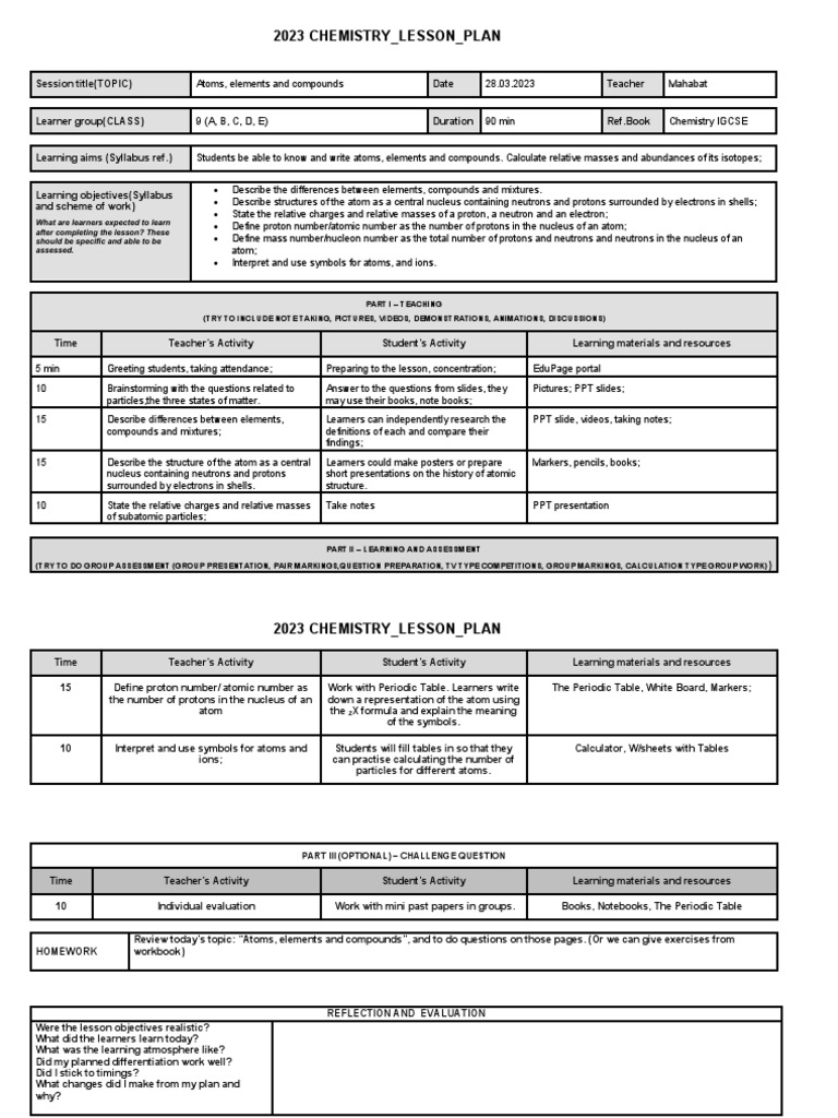 Lesson Planning Atoms, Elements and Compounds | PDF | Atoms | Proton