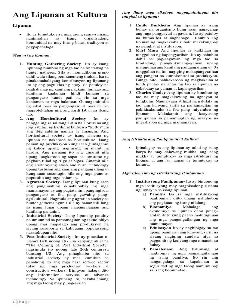 Lesson 1 Ang Lipunan at Kultura | PDF