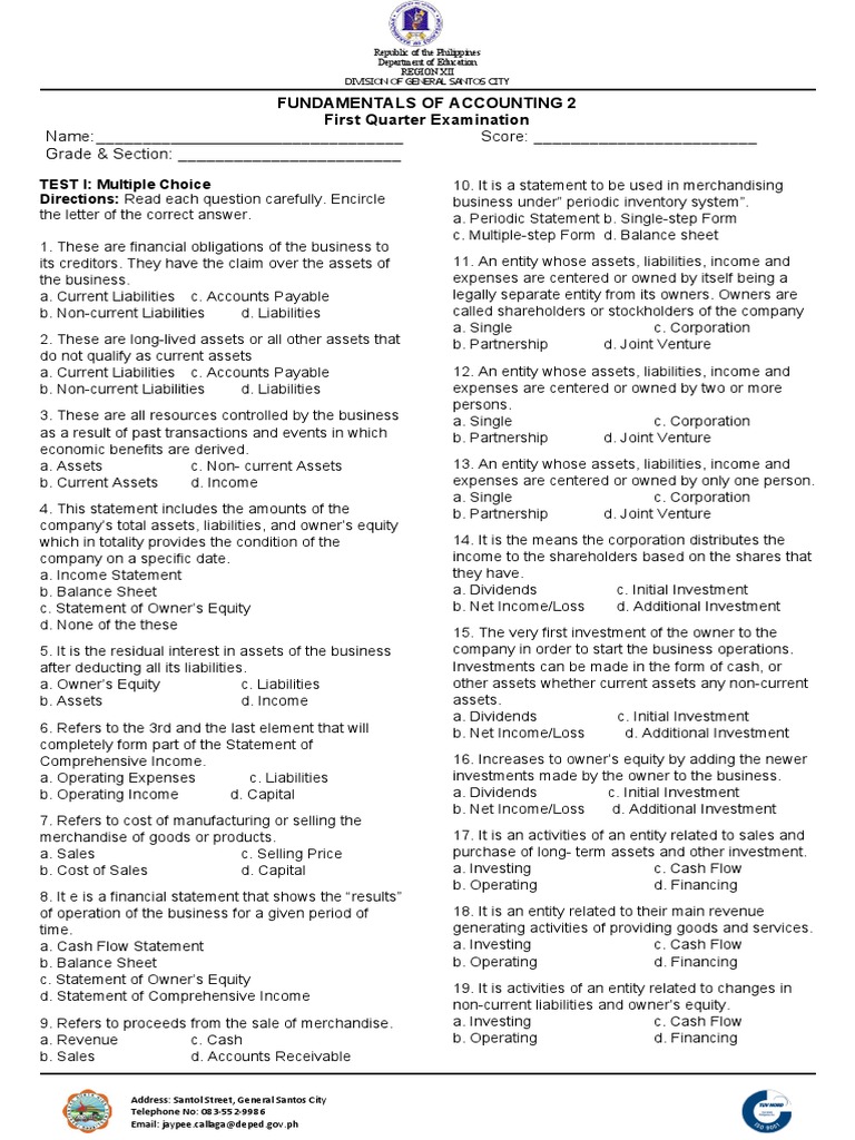 Fabm 2 - First Quarter Examination | PDF