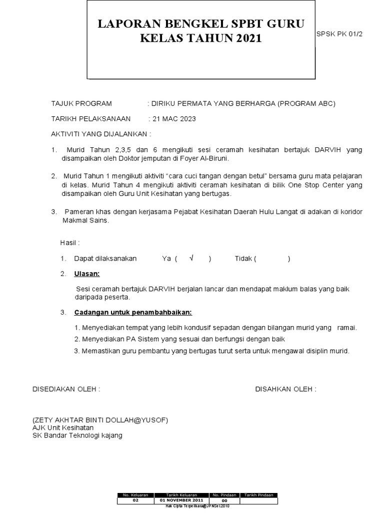 Laporan Bengkel SPBT Guru Kelas Tahun 2021 | PDF