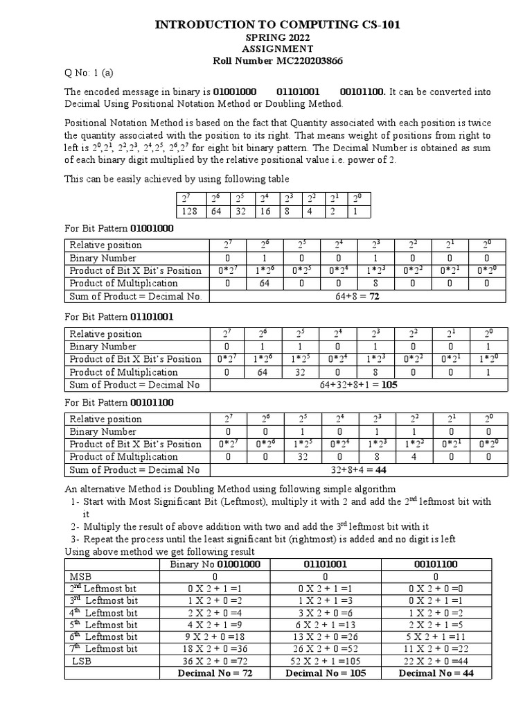 VU-Assignment CS101 | PDF | Bit | Multiplication