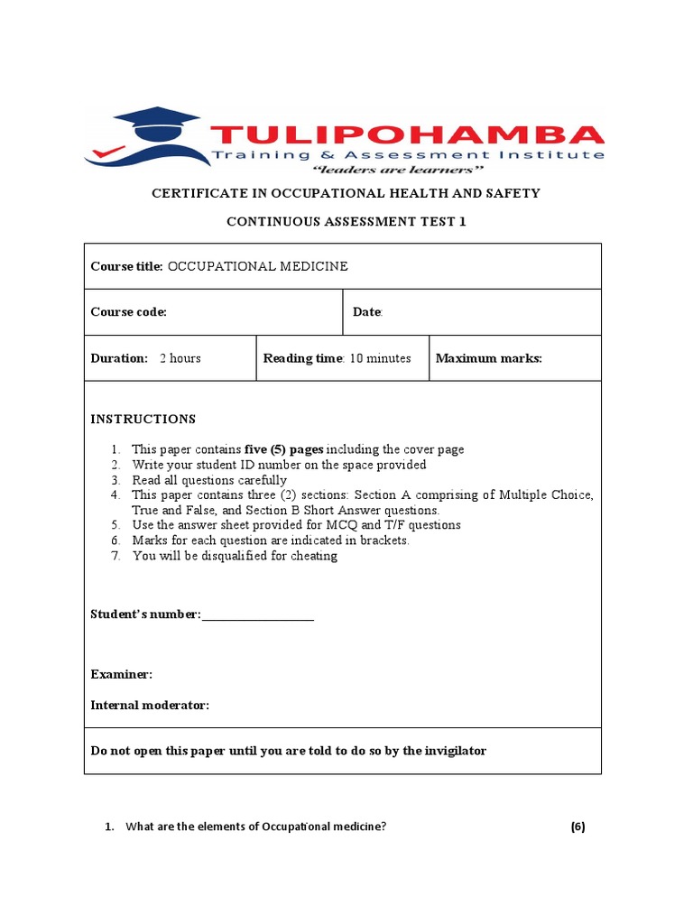 Occupational Medicine Assessment Test | PDF | Occupational Safety And ...