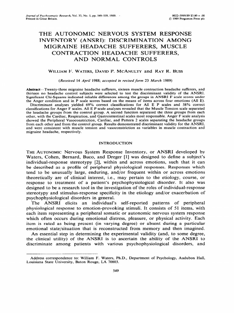 The Autonomic Nervous System Response Inventory (ANSRI) : Discrimination Among Migraine Headache ...