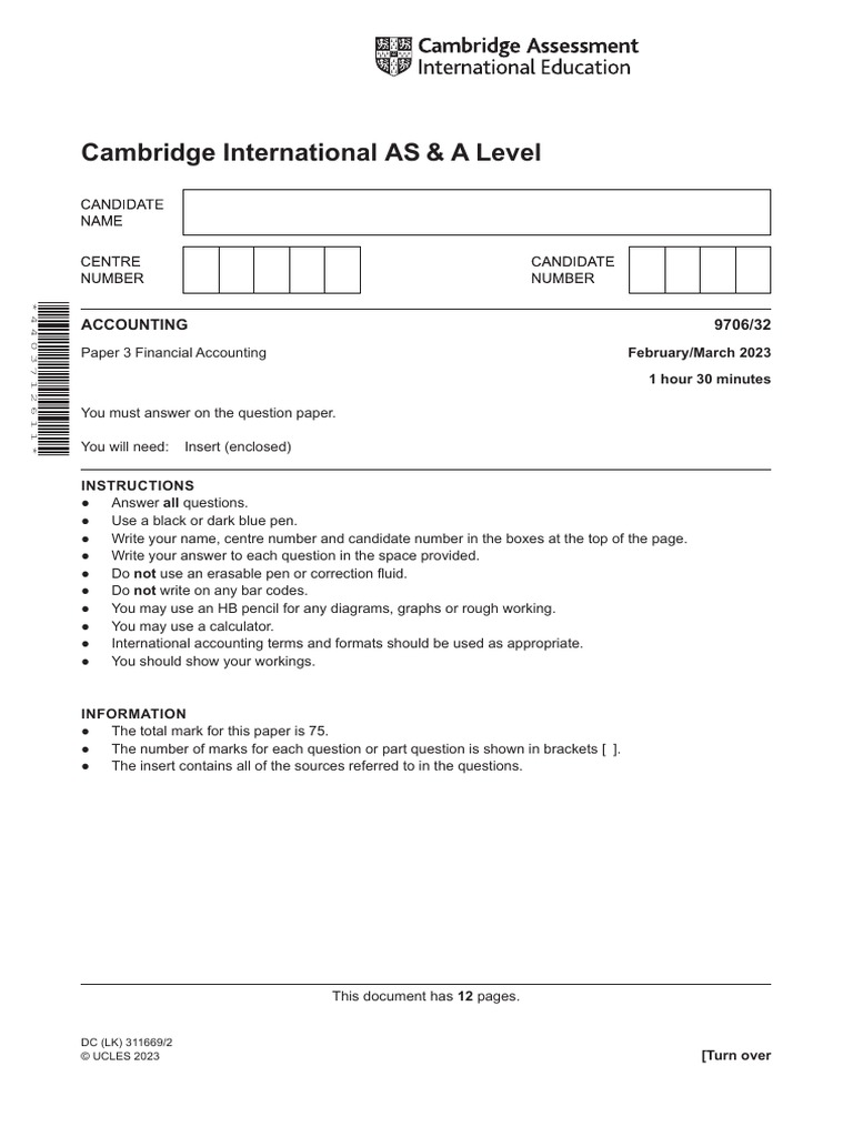 Cambridge International AS & A Level: ACCOUNTING 9706/32 | PDF ...