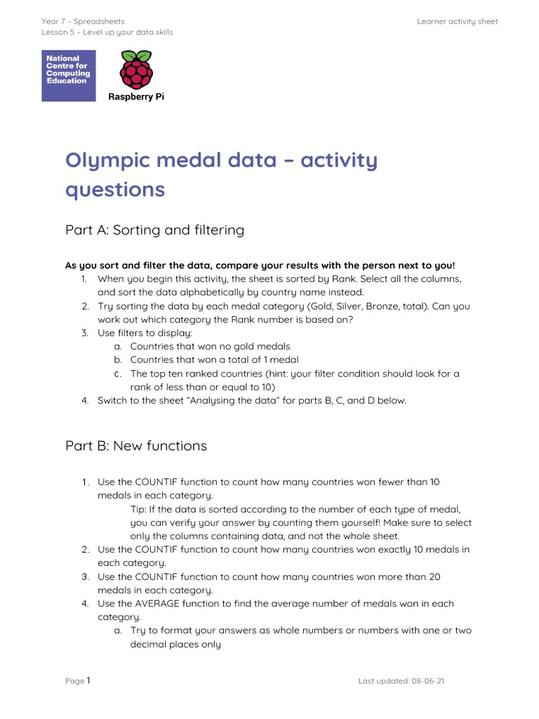 Activity 2 - Olympic Data Questions | PDF | Spreadsheet | Computing