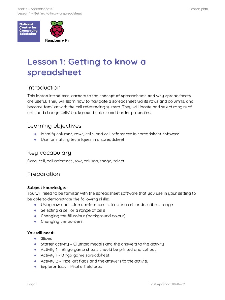 Year 7 - Spreadsheets Lesson 1 - Getting To Know A Spreadsheet Lesson ...