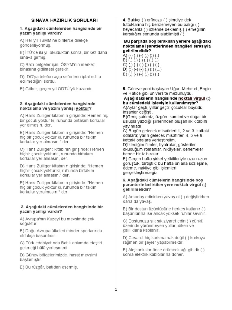 SINAVA HAZIRLIK SORULARI Turk Dili | PDF