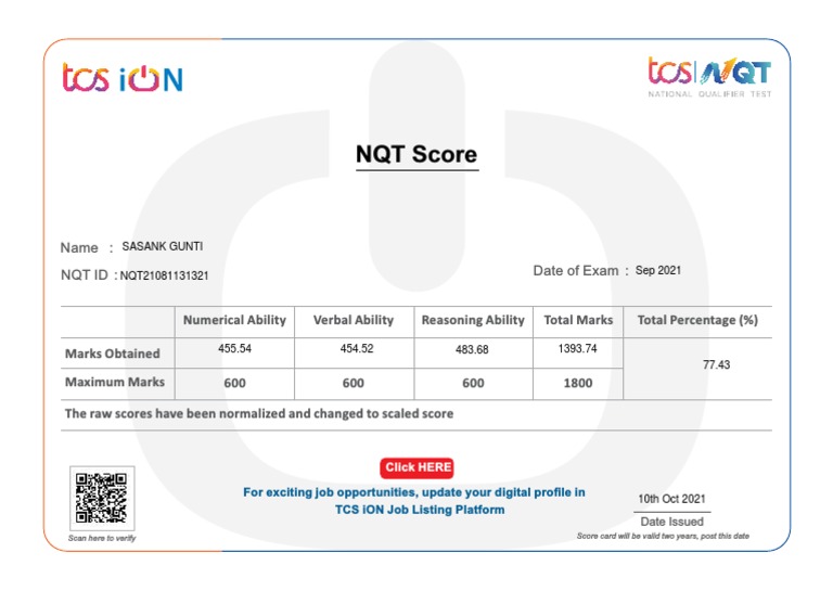 NQT Score: Name: NQT Id: Date of Exam | PDF