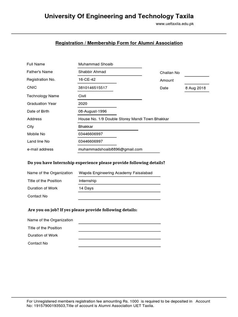 University of Engineering and Technology Taxila: Registration / Membership Form For Alumni ...