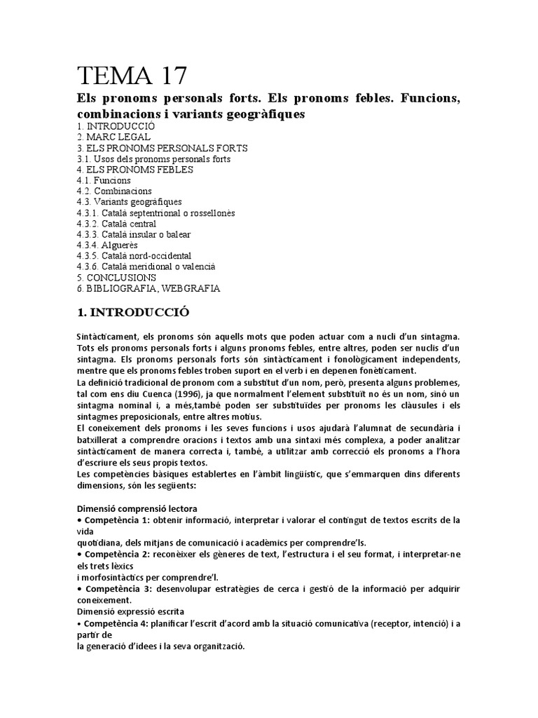 Tema 17: Els Pronoms Personals Forts. Els Pronoms Febles. Funcions, Combinacions I Variants ...