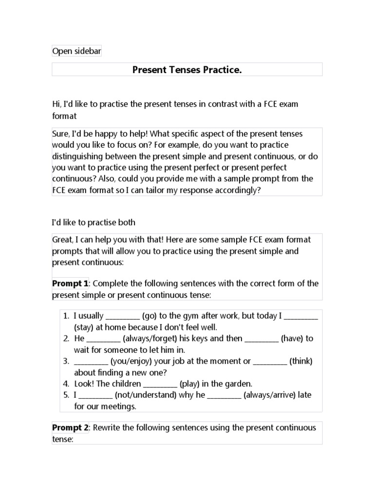 Present Tenses FCE Practice Exercises | PDF | Grammatical Tense | Linguistics
