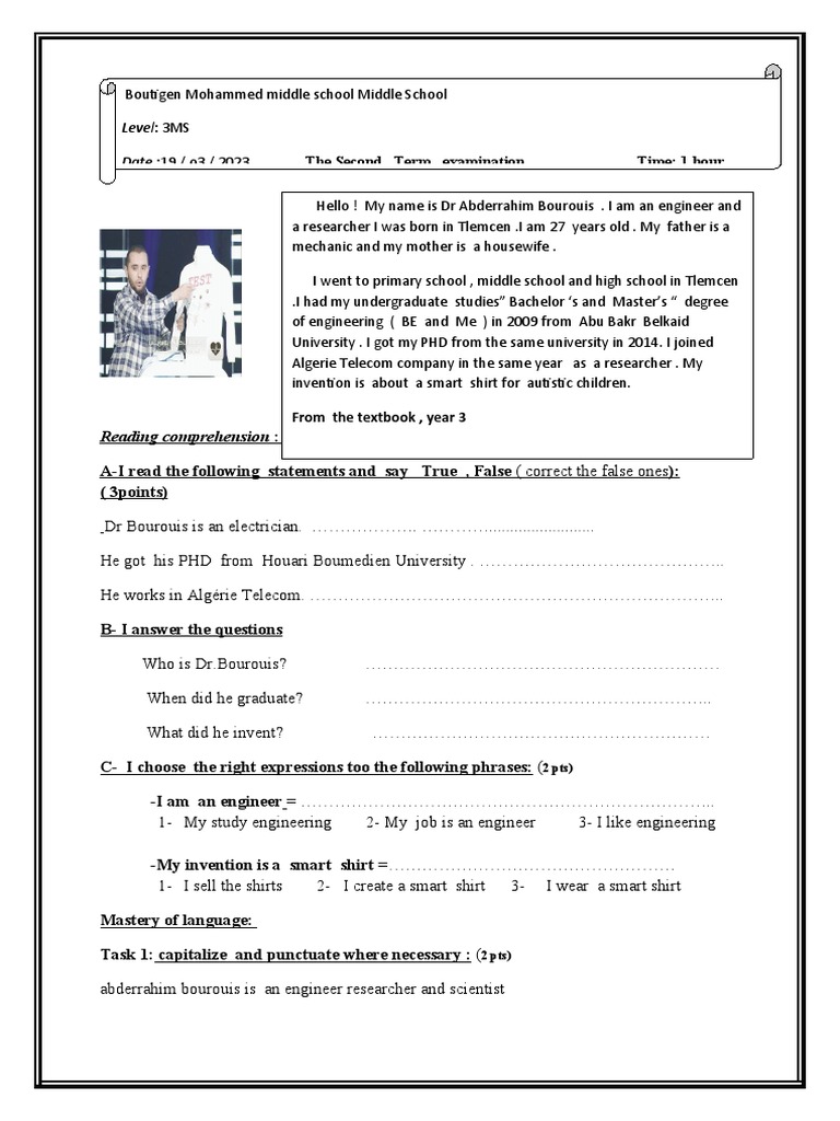 3MS - Second Term Test - Bourouis by Teacher | PDF | Linguistics