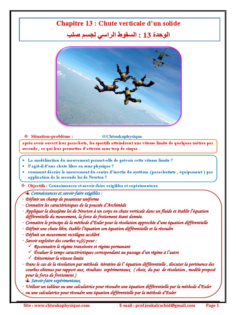 Chapitre 13, Chute Verticale D'un Solide, Cours, Activités, Exercices D'application, 2BAC BIOF ...
