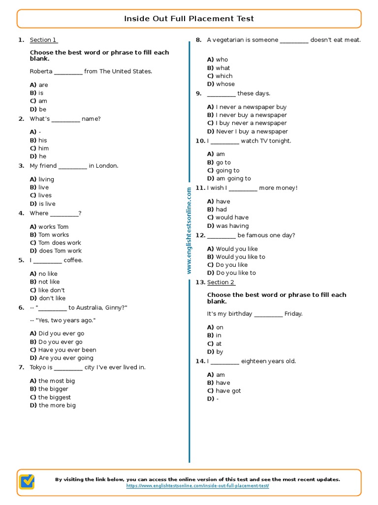Inside Out Full Placement Test: Assessing English Language Proficiency ...