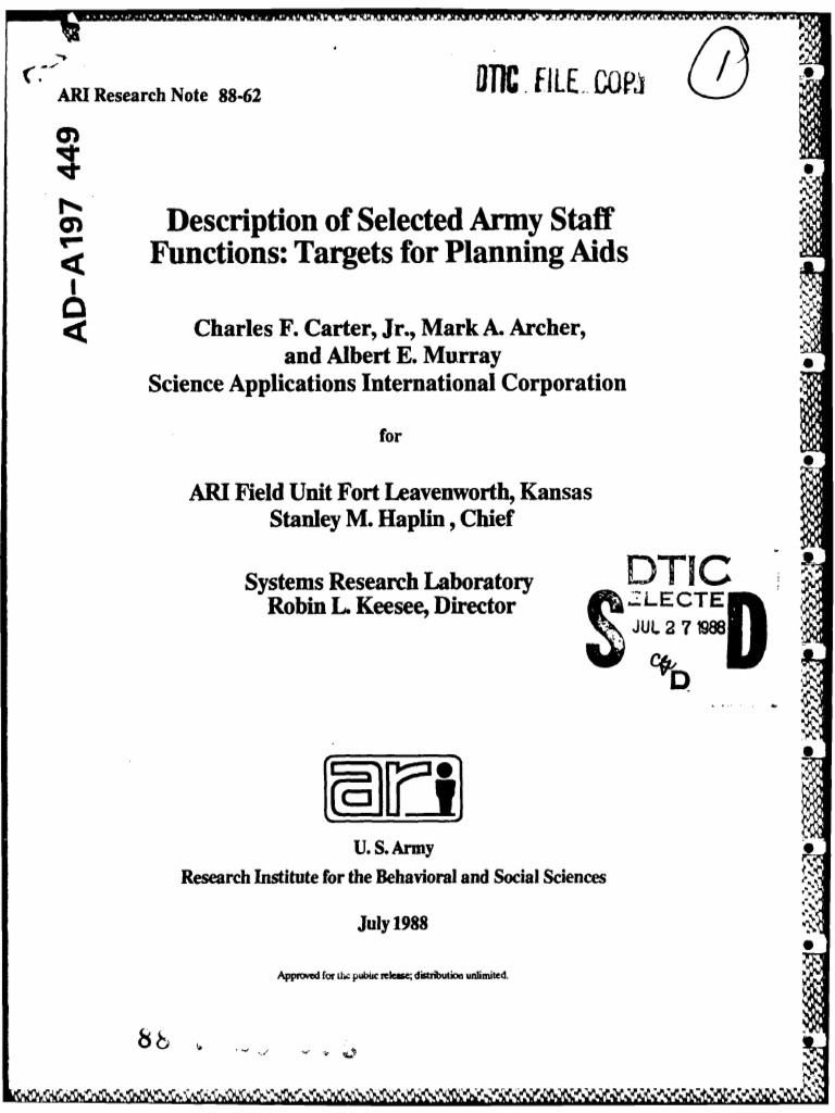 Description of Selected Army Staff Functions: Targets For Planning Aids ...