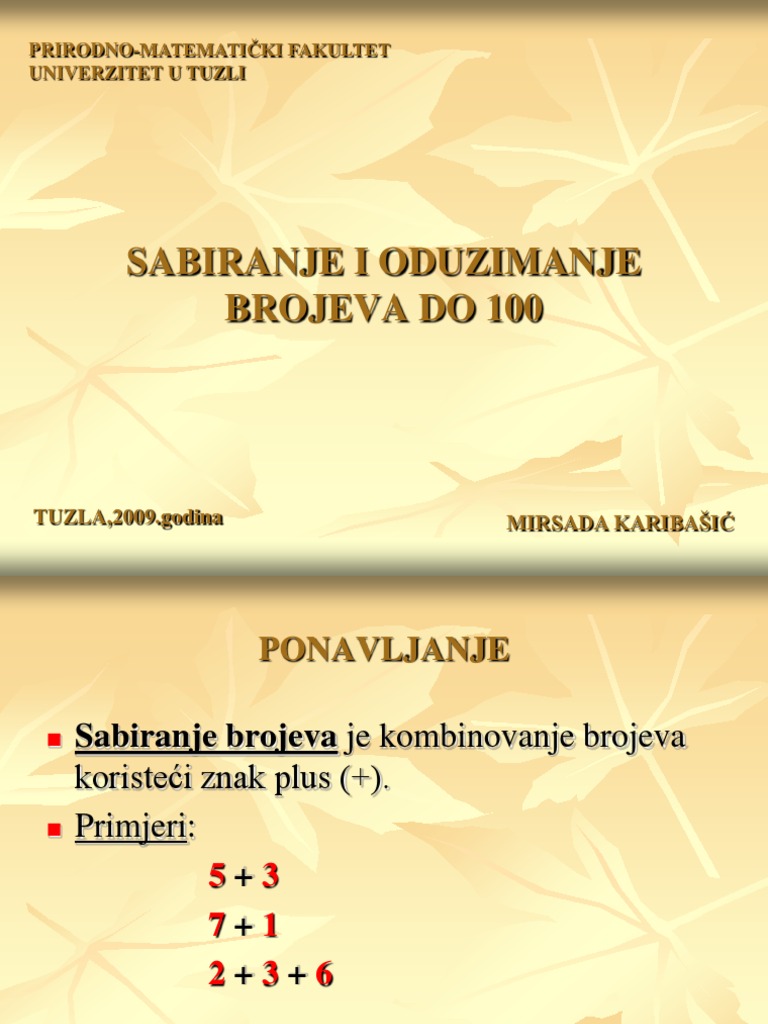 Sabiranje i Oduzimanje Brojeva Do 100 (Mirsada Karibasic