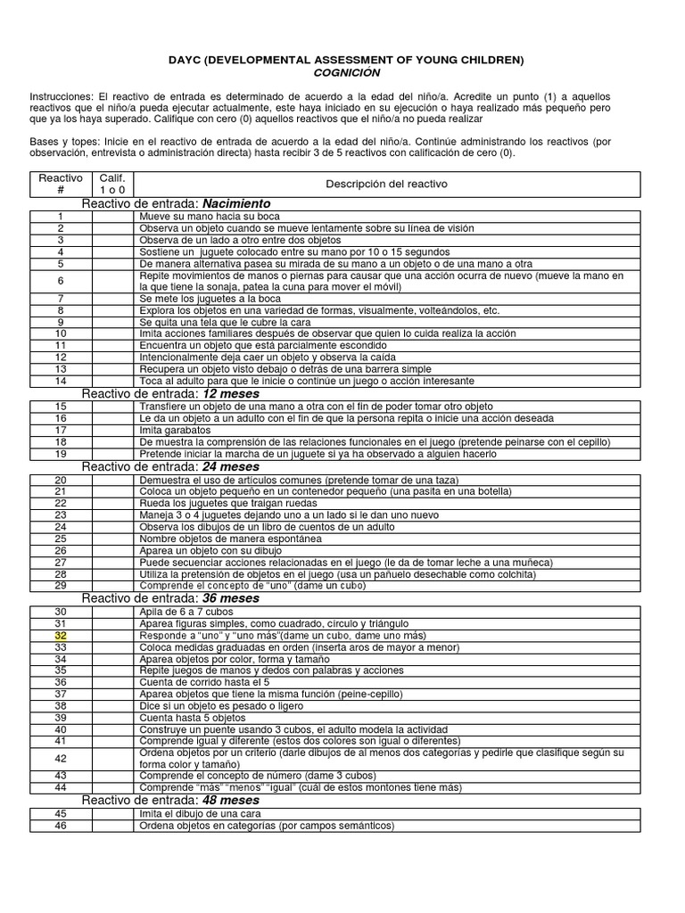 Reactivo de Entrada: Nacimiento: Dayc (Developmental Assessment of ...