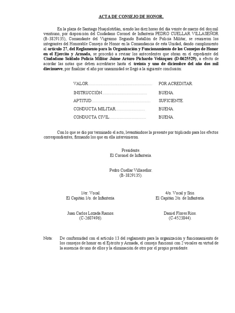 Acta del Consejo de Honor Militar | PDF | Capitán (Fuerzas Armadas ...