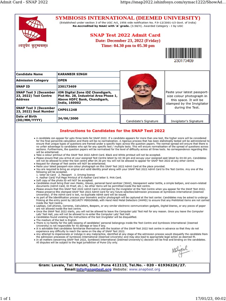 Admit Card - SNAP 2022 | Download Free PDF | Identity Document ...