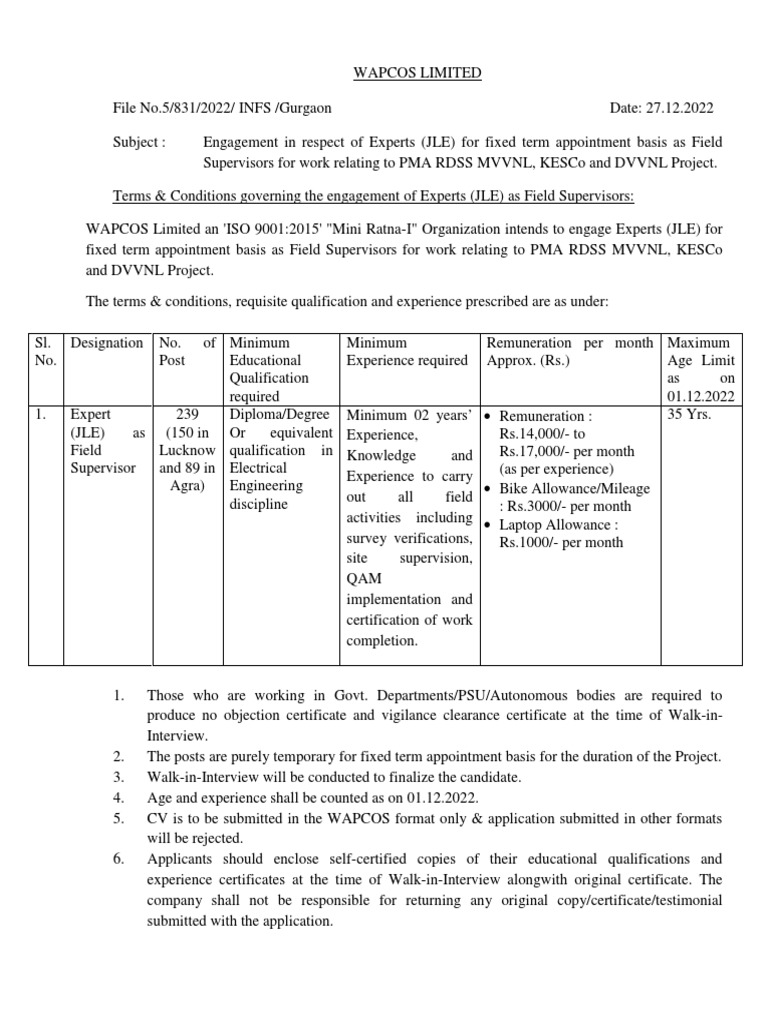 WAPCOS Field Supervisor Recruitment 2022 | PDF | Computers