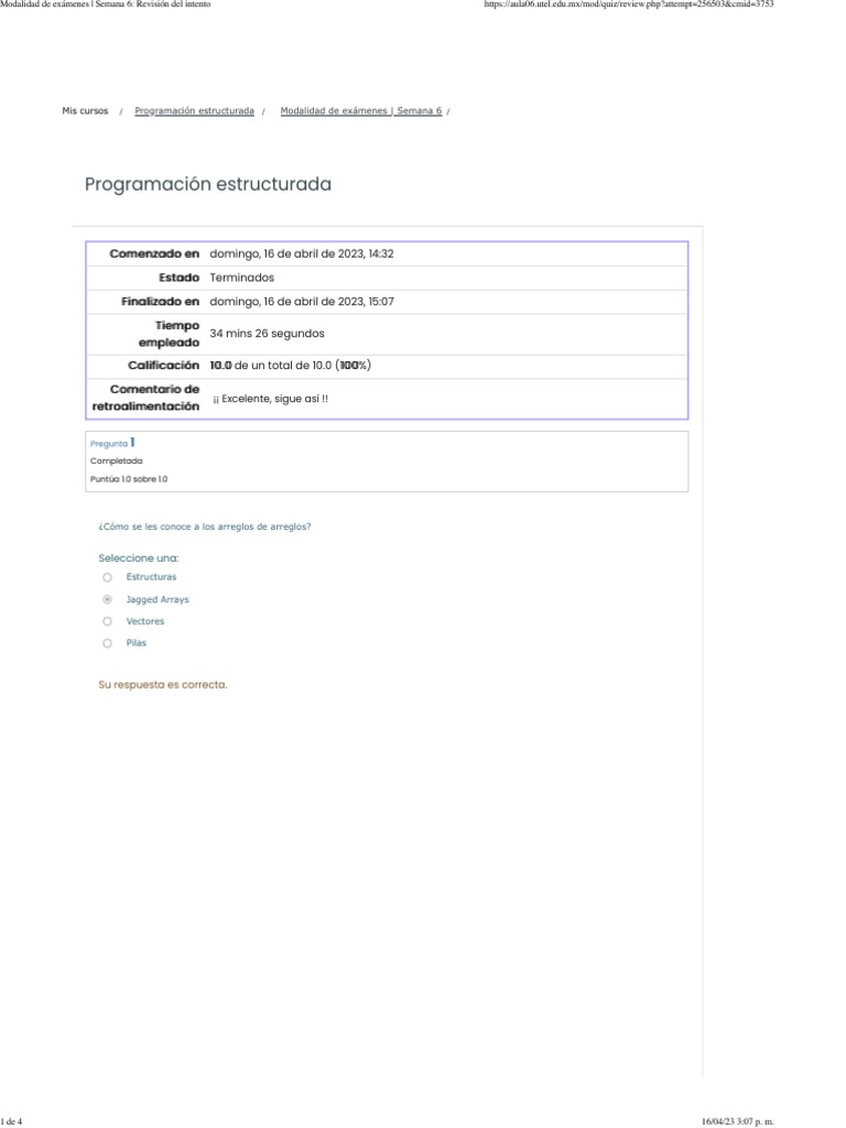 Modalidad de exámenes Semana 6 Revisión del intento | PDF | C Sharp (lenguaje de programación ...