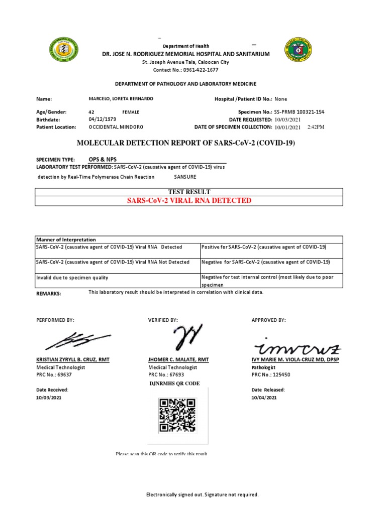 Molecular Detection Report of Sars-Cov-2 (Covid-19) : Dr. Jose N ...