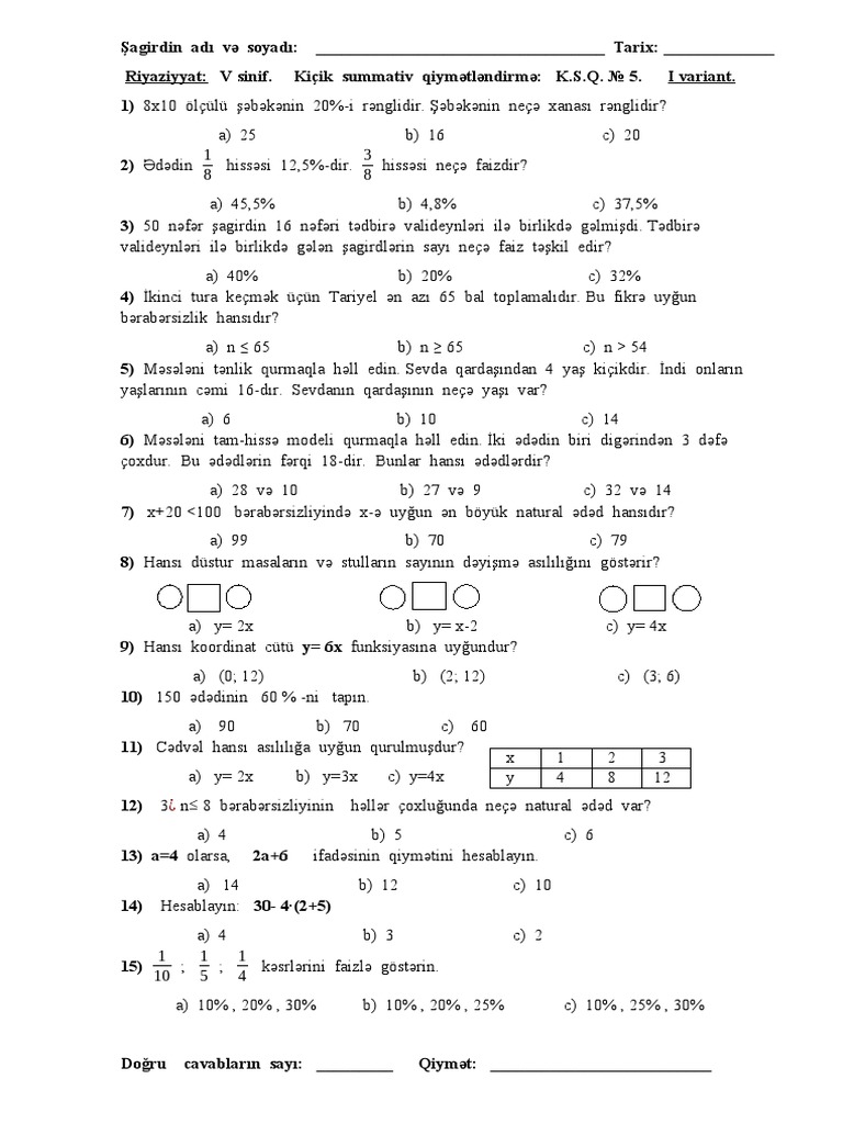 S. Riyaziyyat. K.S.Q. 5. I-II Variant. FƏRMAN VƏLİYEV. | PDF