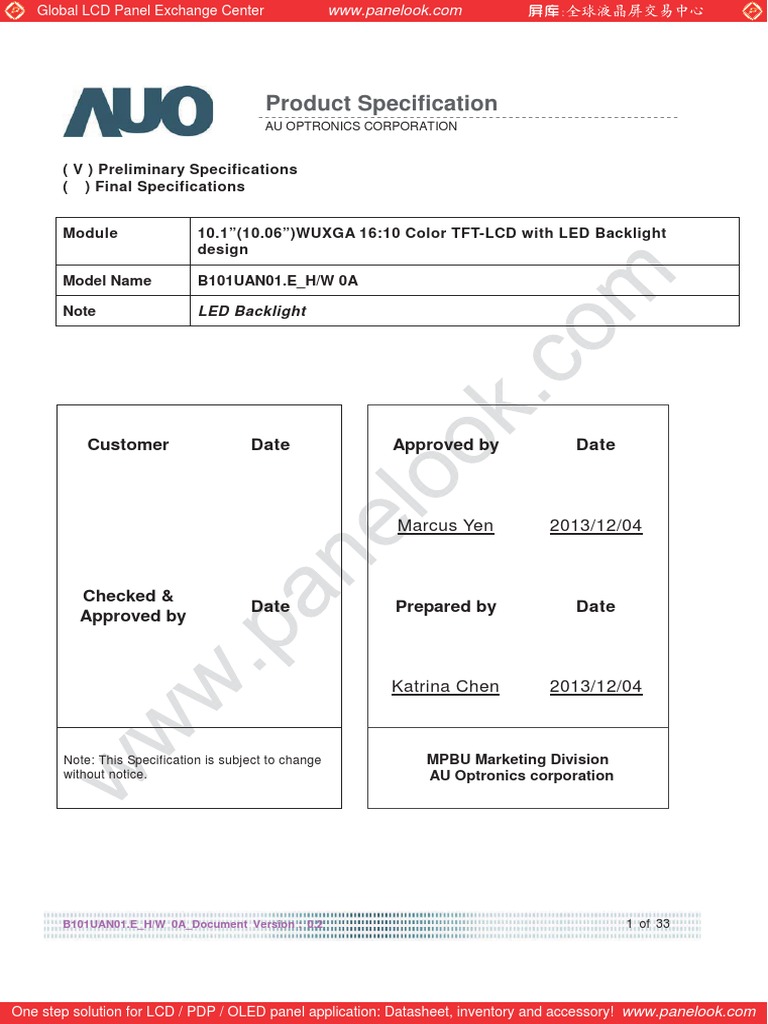 Product Specification: (V) Preliminary Specifications Final ...