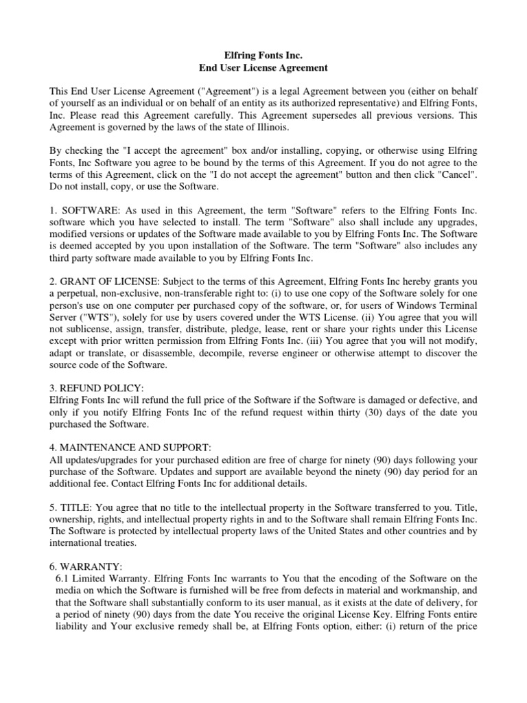 Elfring Fonts Inc. End User License Agreement | PDF | Implied Warranty ...