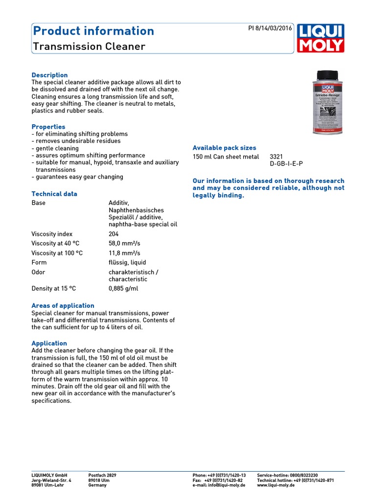 Liqui Moly Transmission Cleaner Product Info | PDF | Gear | Manual ...