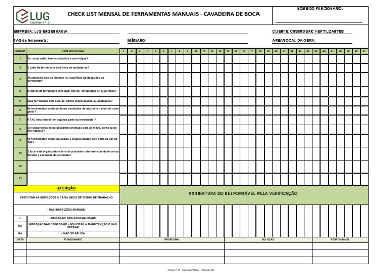 Check List Mensal de Ferramentas Manuais - Cavadeira de Boca | PDF