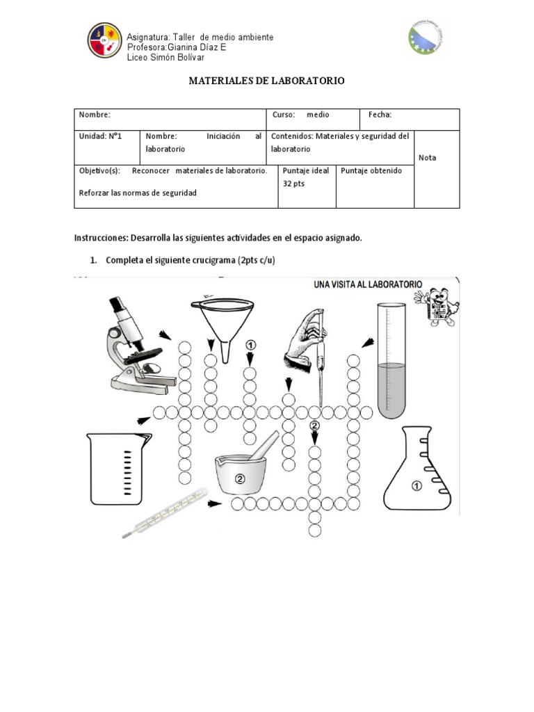 Crucigrama de Materiales de Laboratorio | PDF