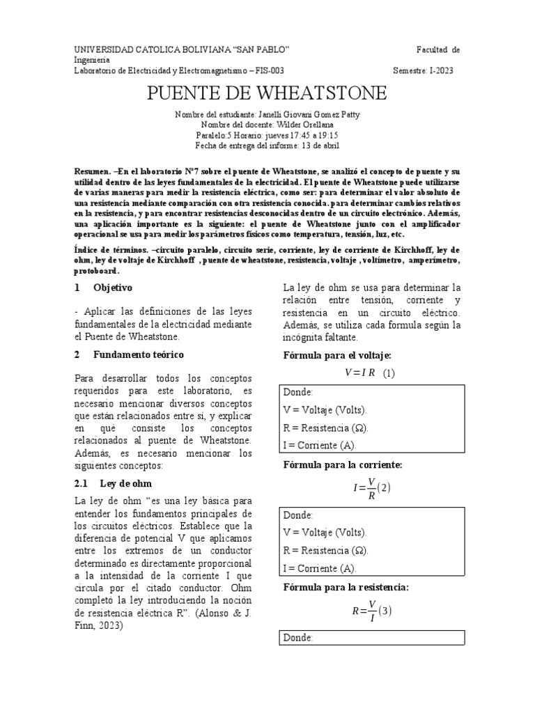 Puente de Wheatstone | PDF | Corriente eléctrica | voltaje