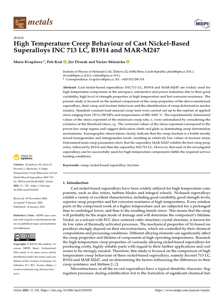 Metals: High Temperature Creep Behaviour of Cast Nickel-Based ...