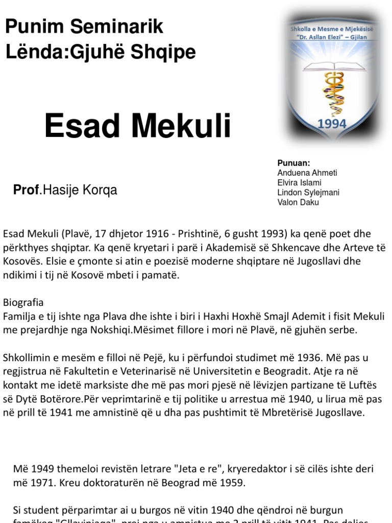 Punim Seminarik Lënda:Gjuhë Shqipe: Esad Mekuli | PDF