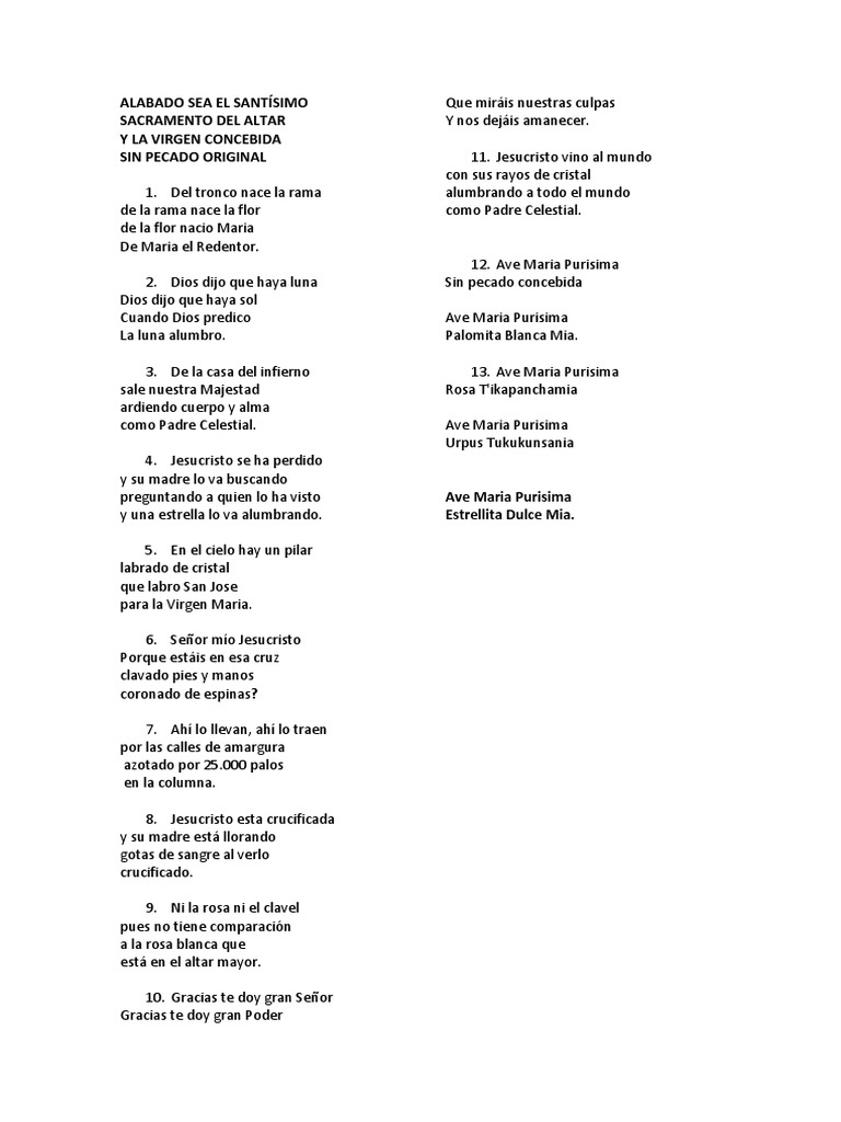 Alabado Sea El Santísimo Sacramento Del Altar Y La Virgen Concebida Sin ...