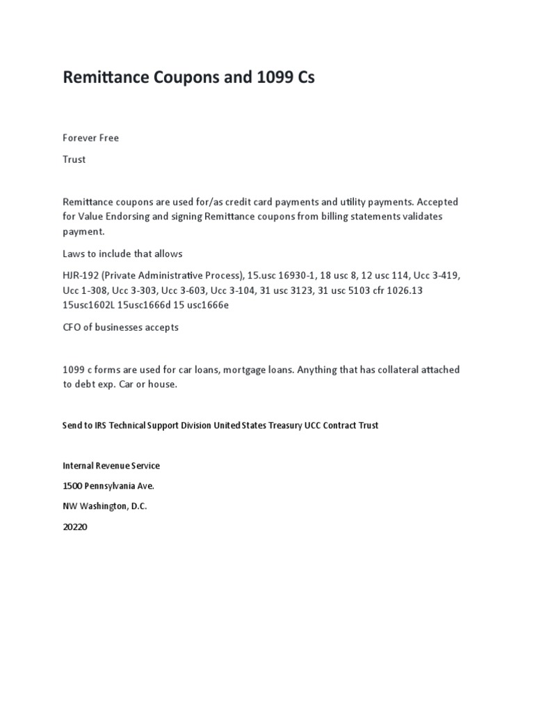 Acceptance For Value - Remittance Coupons and 1099as | PDF