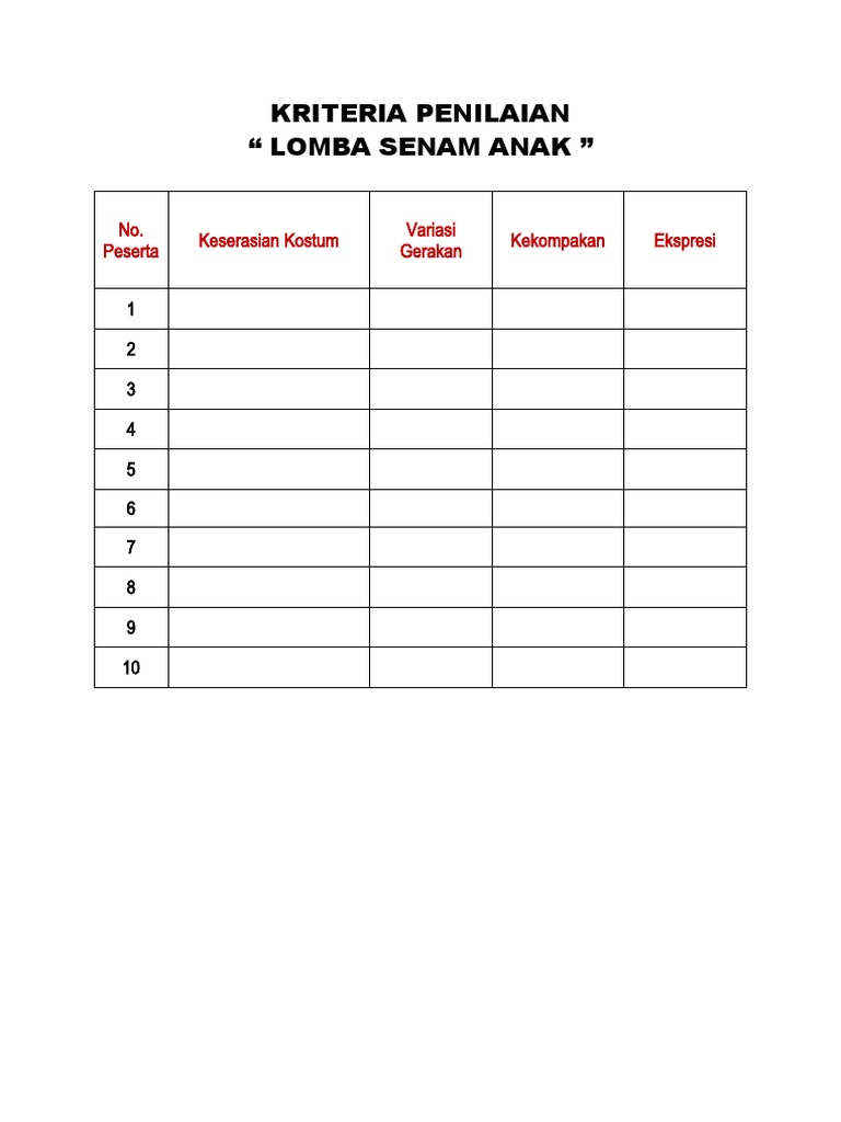Kriteria Penilaian " Lomba Senam Anak ": No. Peserta Keserasian Kostum ...