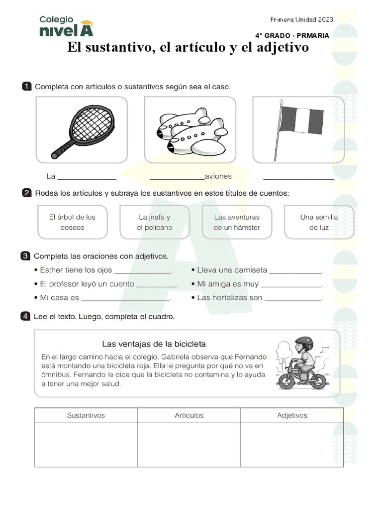 Sustantivos, Artículos y Adjetivos 4° Grado | PDF