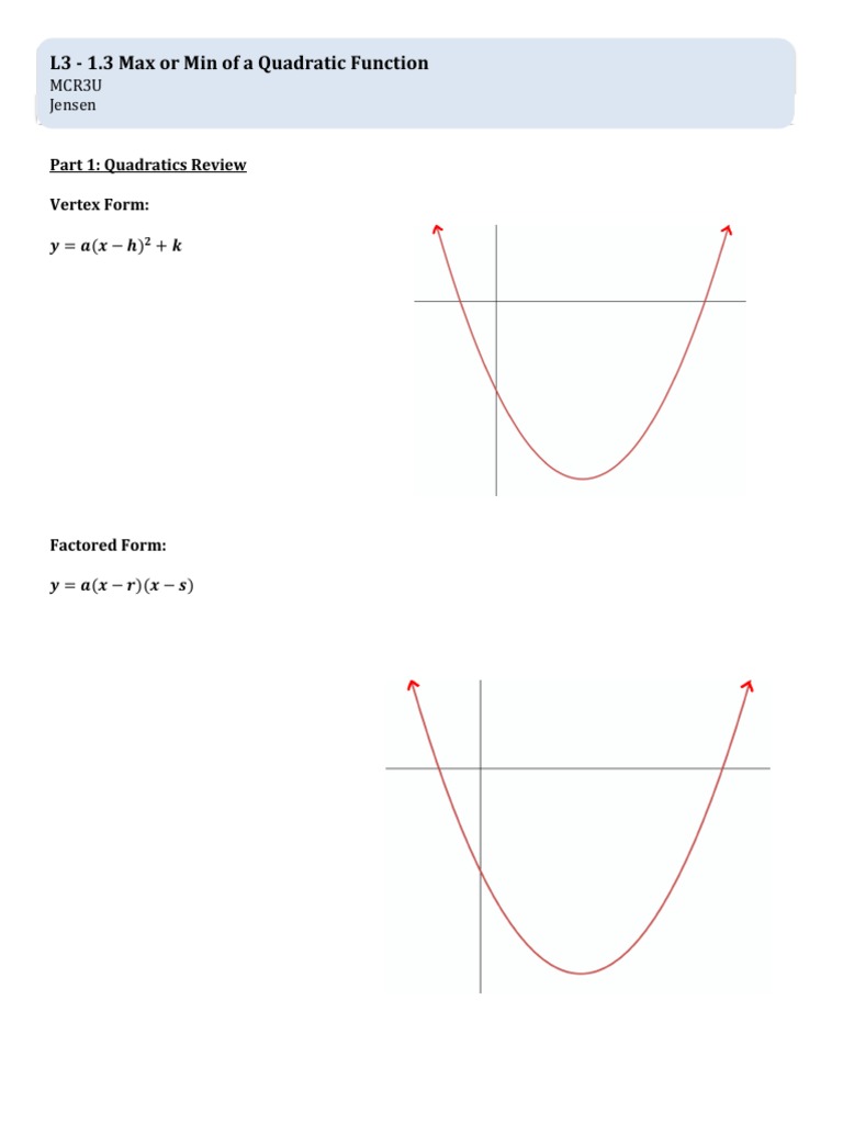 L3 - 1.3 Max or Min of A Quadratic Function: Part 1: Quadratics Review Vertex Form | PDF ...