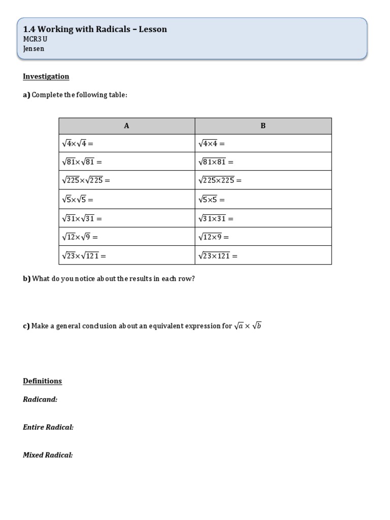 1.4 Working With Radicals - Lesson: Mcr3U Jensen | PDF | Mathematics ...