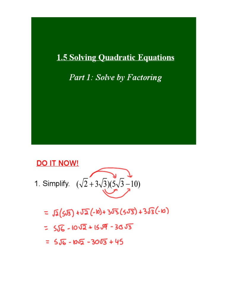 1.5 Solving Quadratic Equations: Part 1: Solve by Factoring | PDF ...