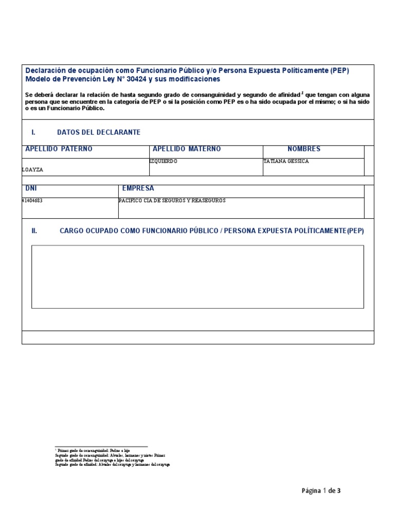 Formulario Declaracion PEP | Descargar gratis PDF | Parentesco y ...