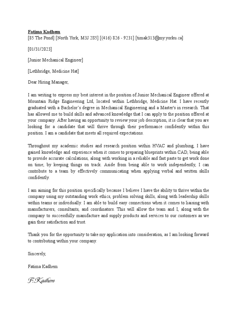 Fatima Kadhem 218809459 Eng2003 Coverletter | PDF